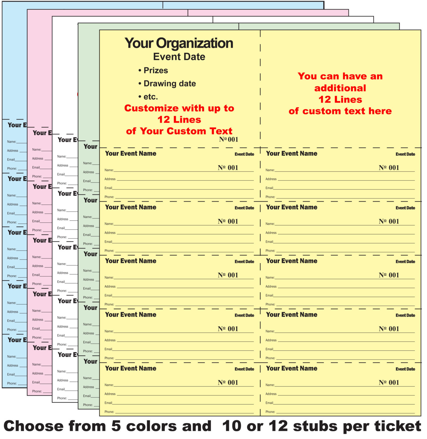 Custom Strip Tickets 10 or 12 stubs per ticket | RaffleTicketsCheap.com
